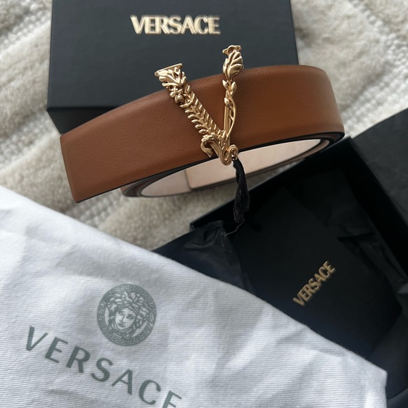 Versace | Accessories | Versace Tan Leather Belt With Gold Accent ...
